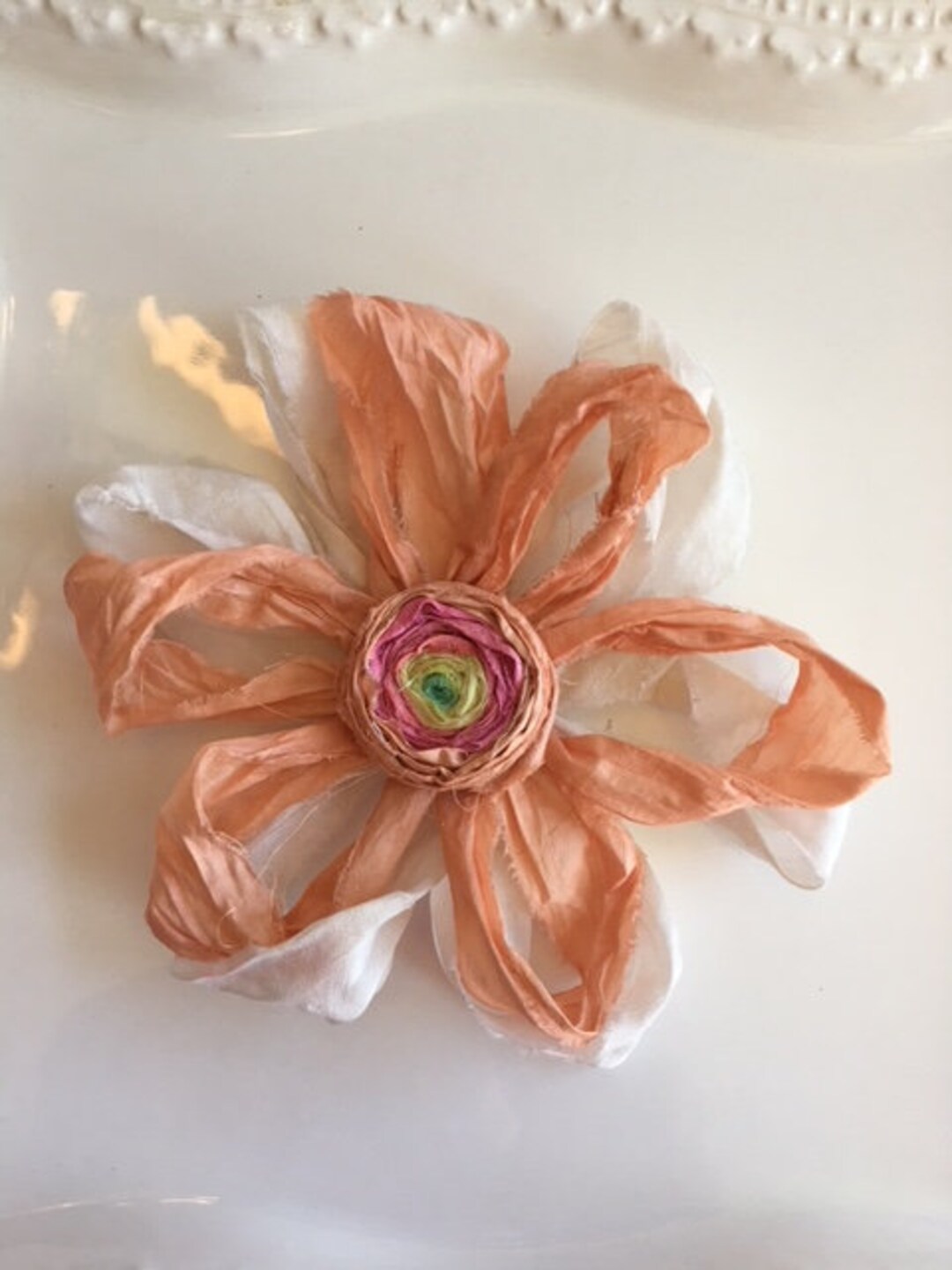 Sari Silk Flower Pin-peach and White Sari Ribbon Pin - Etsy