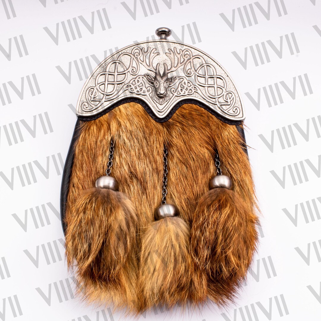 Celtic Stag Sporran: Red Fox Fur, Leather Kilt Accessory Scottish Gifts ...
