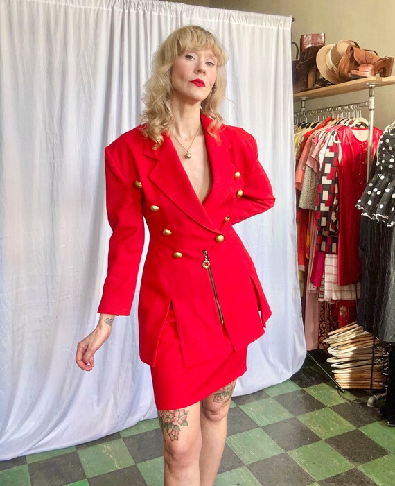 1990s Mon-Liz Paris Bright Red Power Suit - Medium - Gem