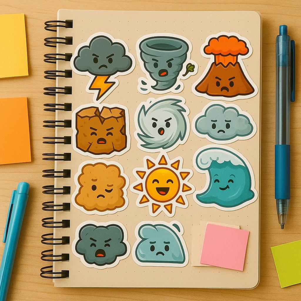 Kawaii Weather Sticker Sheet – Angry Cloud, Volcano, Tornado, Sun PNG ...