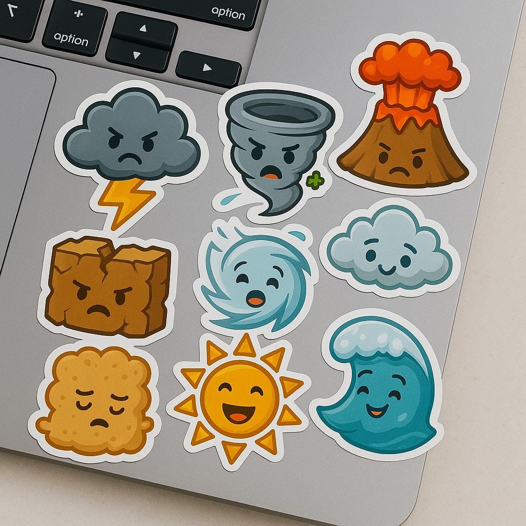 Kawaii Weather Sticker Sheet – Angry Cloud, Volcano, Tornado, Sun PNG ...
