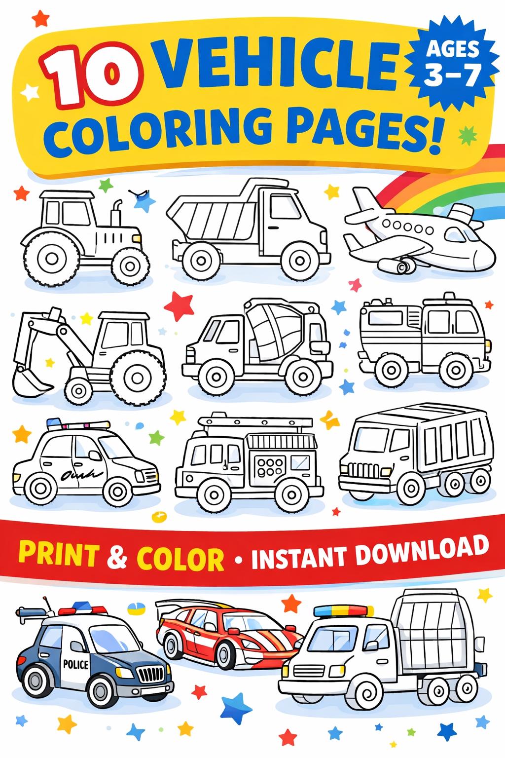 Vehicle Coloring Pages | Kids' Car, Truck, Plane Cutouts (digital ...