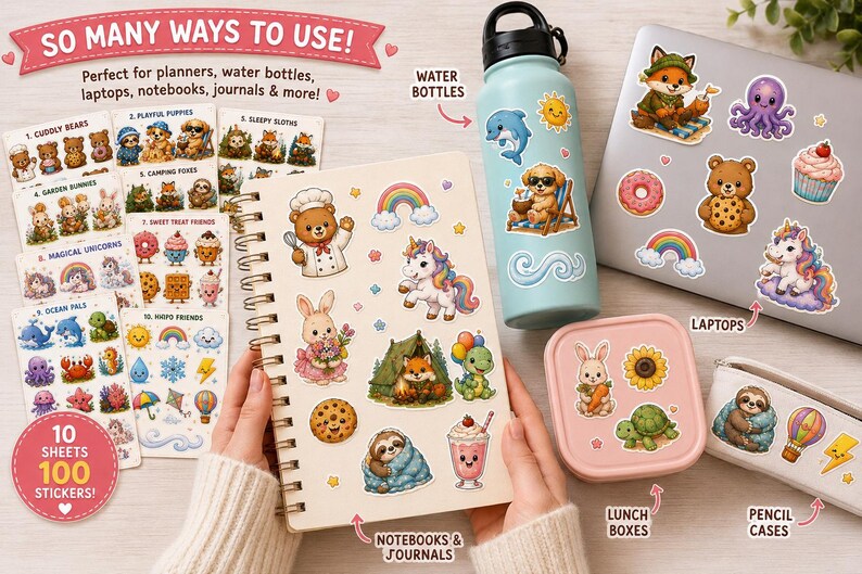 Cozy Critters Sticker Bundle | 10 Kawaii Animal Sticker Sheets (digital ...
