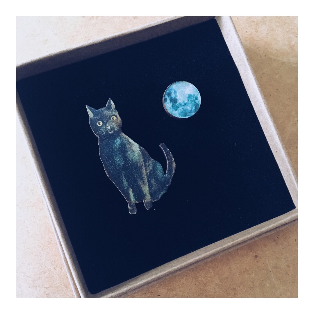 Black Cat + Full Moon Pin Set - Etsy