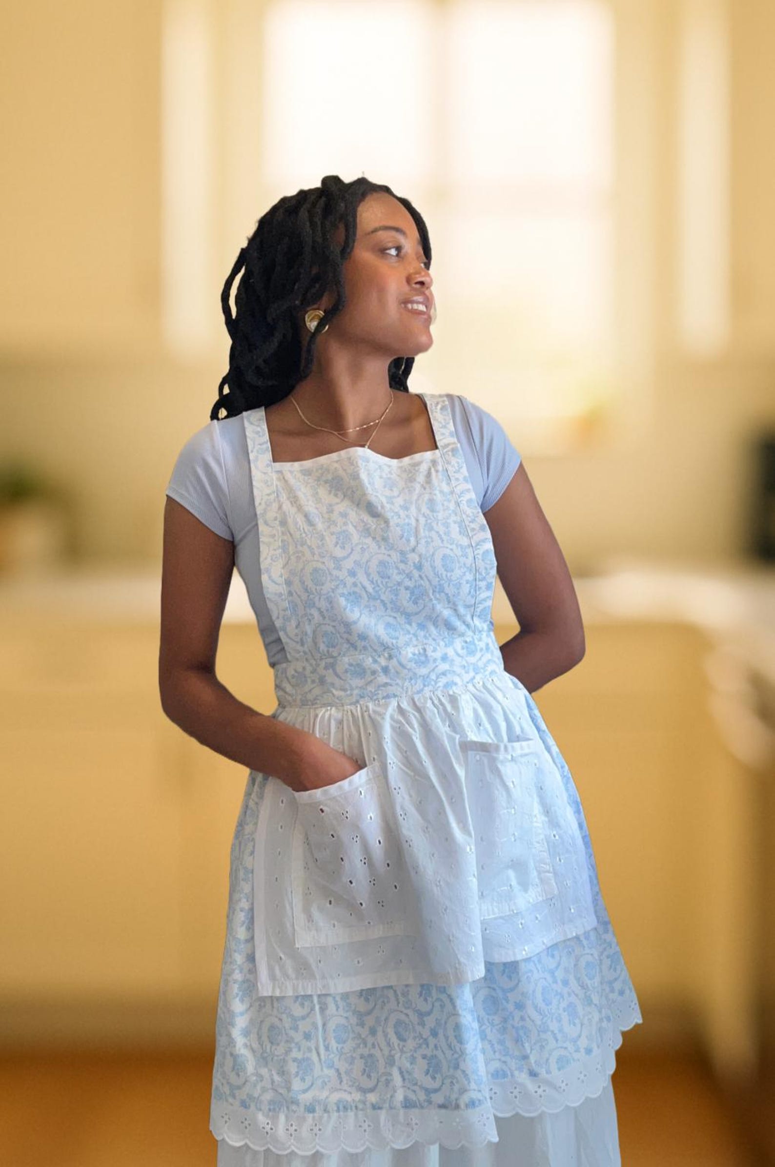 Handmade Blue Floral Apron With Eyelet Lace | Cottagecore Pinafore ...