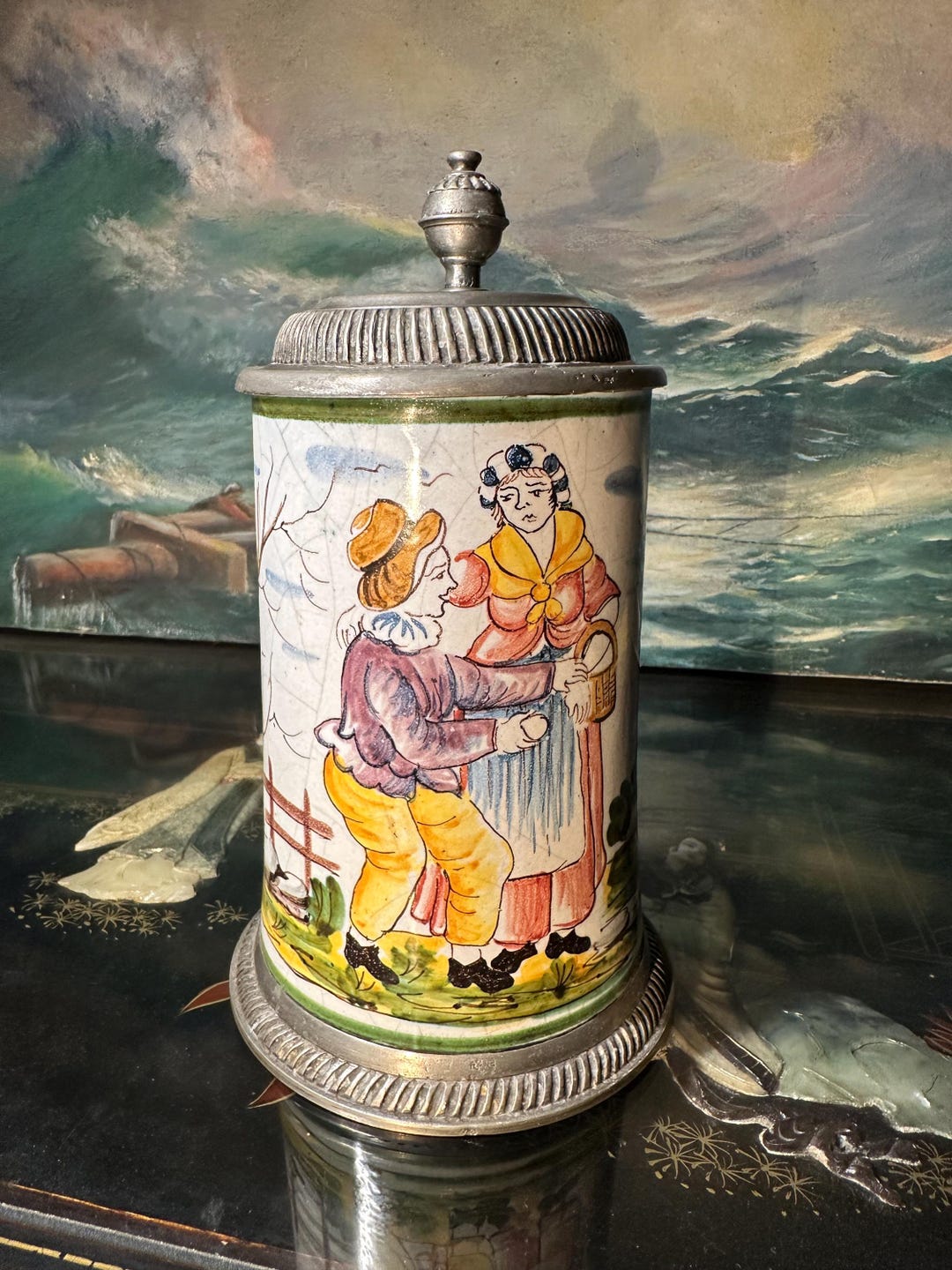Hand Painted Beer Stein, RM Germany Faience Tankard, 95% Zinn Pewter ...