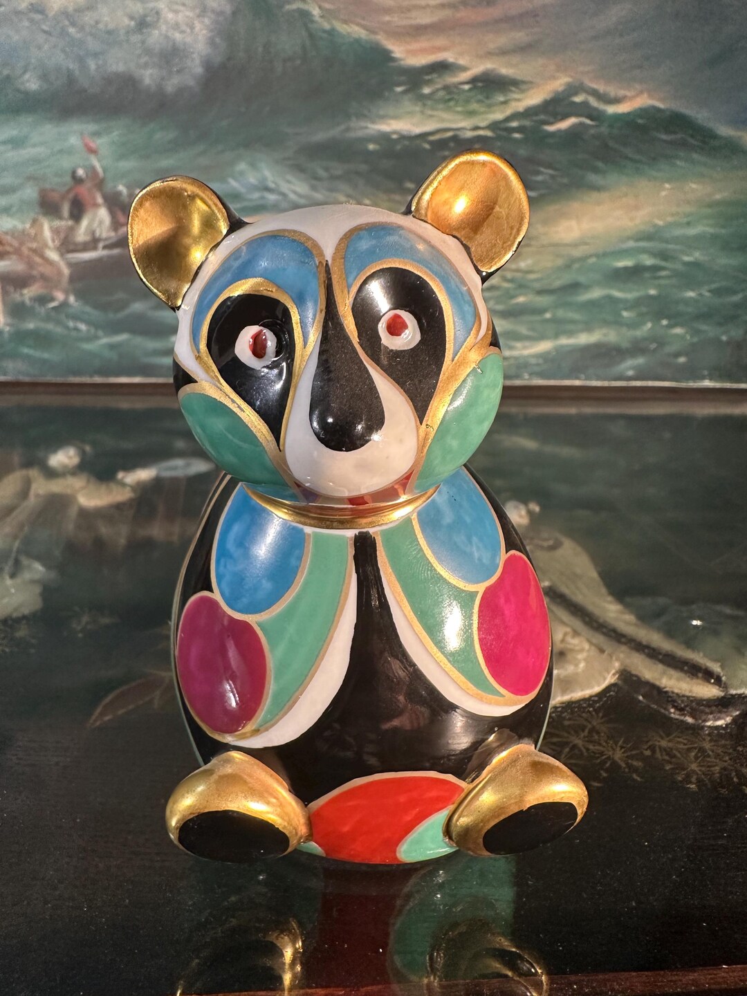 Colorful Porcelain Panda, Italian Hand Painted Figurine, Gold Gilded ...