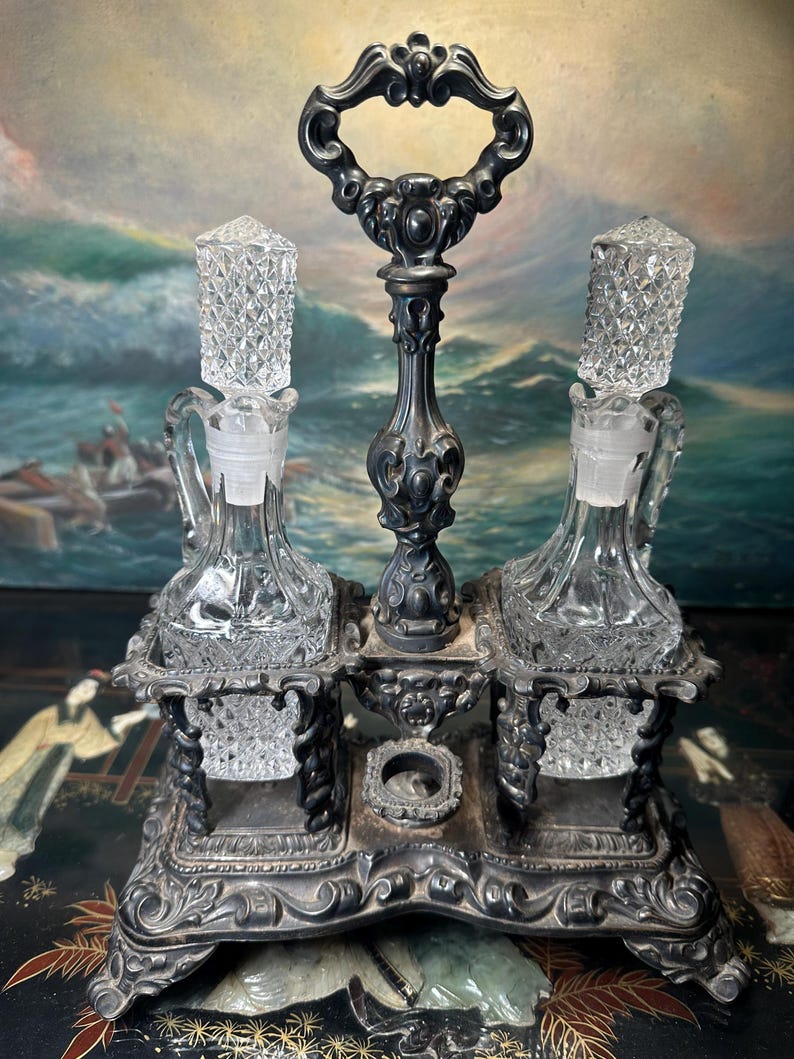 Antique Solid Silver Cruet Set, Hand Cut Crystal Bottles, Rococo ...