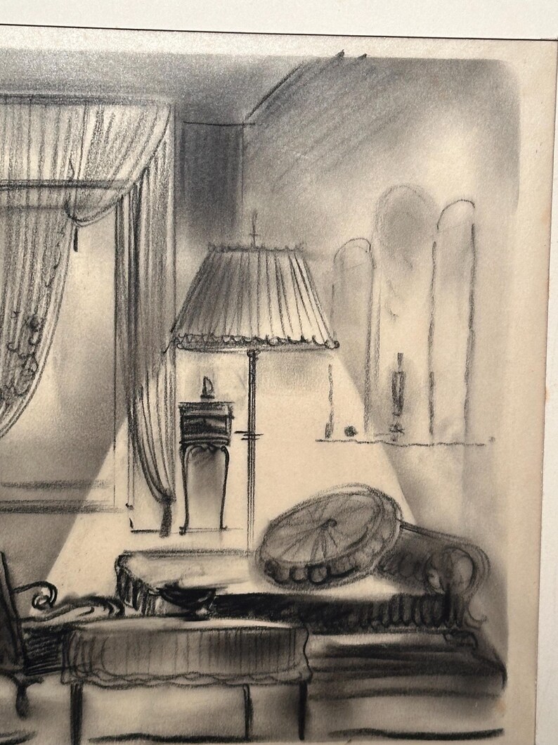 Vintage Charcoal Drawing Interior | Mid-century Room Scene Art ...
