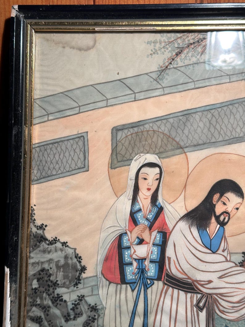 Vintage Chinese Silk Painting - Family Blessing Scene With Tree and ...