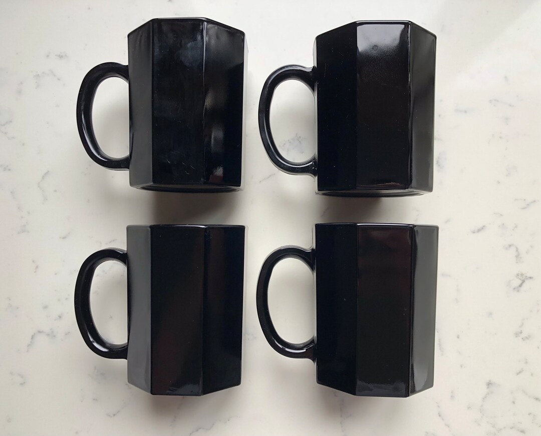 ARCOROC France Octime French Modernist Octagonal Black Glass Mugs, Set ...