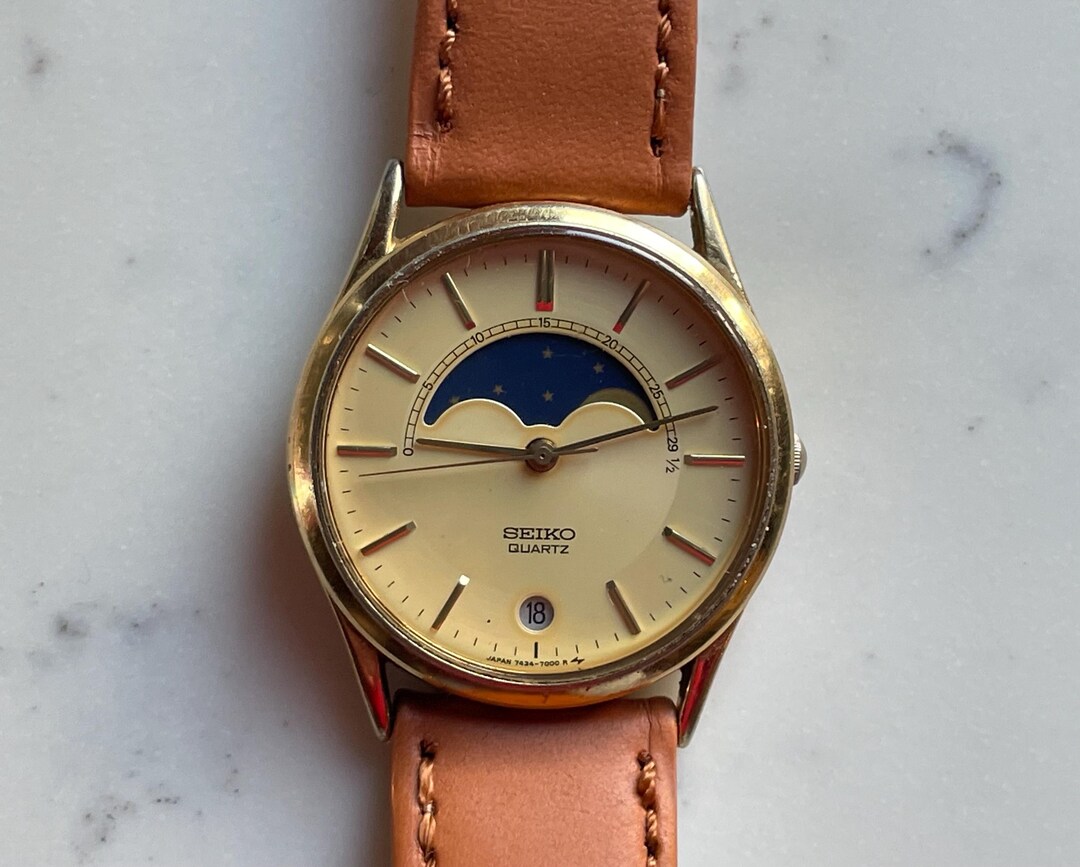 Seiko Moon Phase Watch Men 32mm White Dial Gold Tone Date 7434-7001 New ...