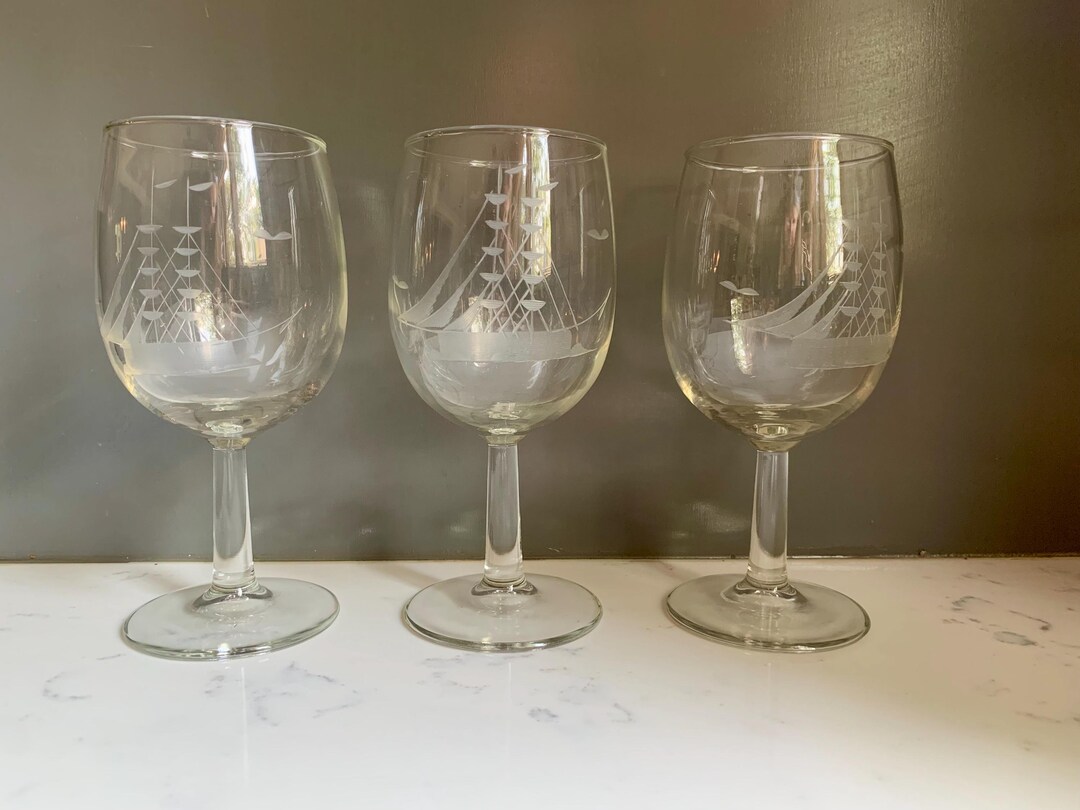 3 Javit Badash Wine Glasses Clipper Ship Collection Etched Crystal ...