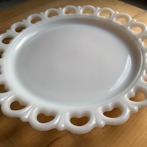 Vintage Milk Glass Serving Platter, Open Lace Heart Edge, White Milk ...