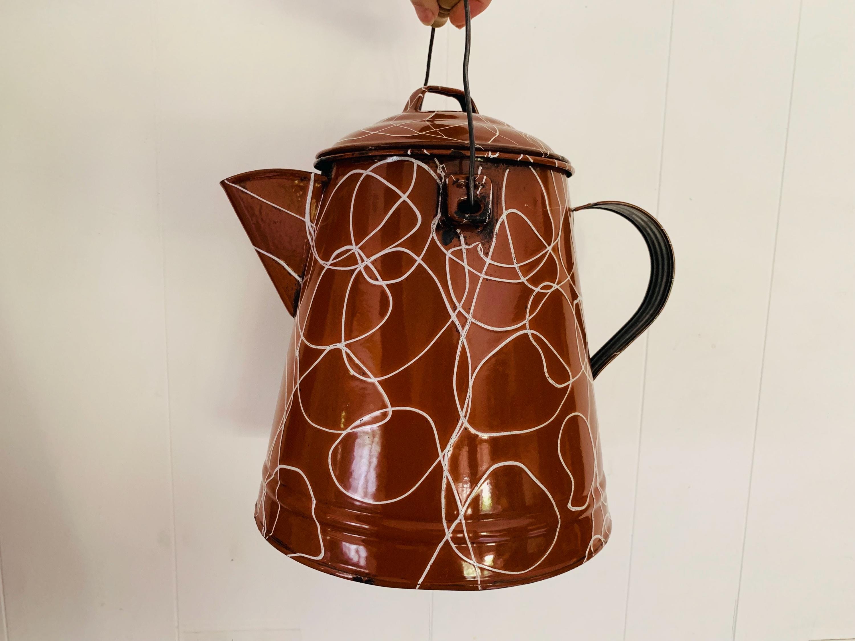 Brown Enamelware Large Coffee Pot Western Ranch, White String ...