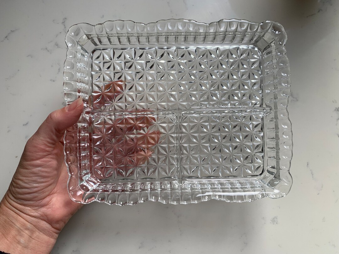 Pressed Glass Square Divided Relish Dish Quilted Diamond Pattern, Nut ...