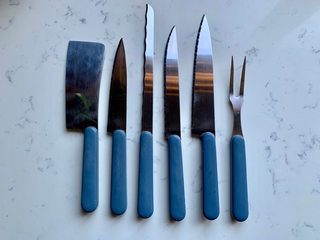 Vintage Knife Set, Plastic Blue Handle Kitchen Knives, Set of 6 ...