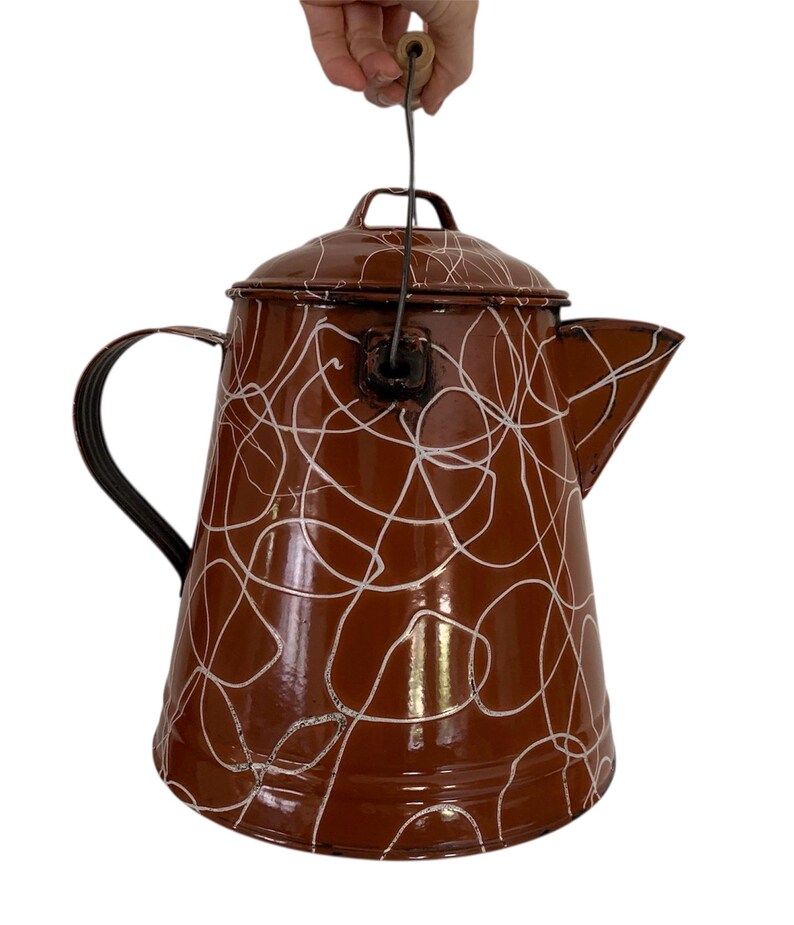 Brown Enamelware Large Coffee Pot Western Ranch, White String ...
