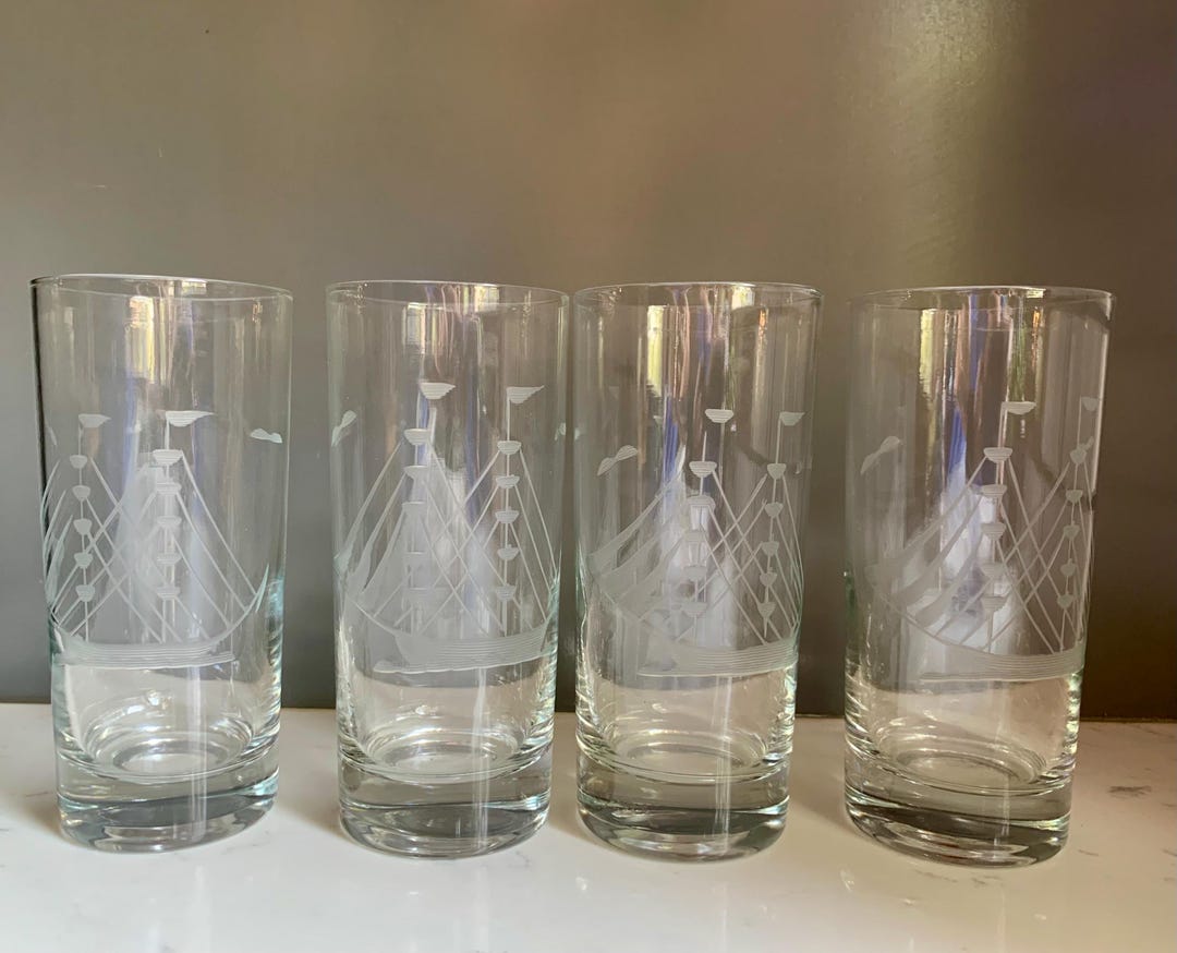 4 Javit Badash Tumblers Clipper Ship Collection Etched Crystal Glasses ...