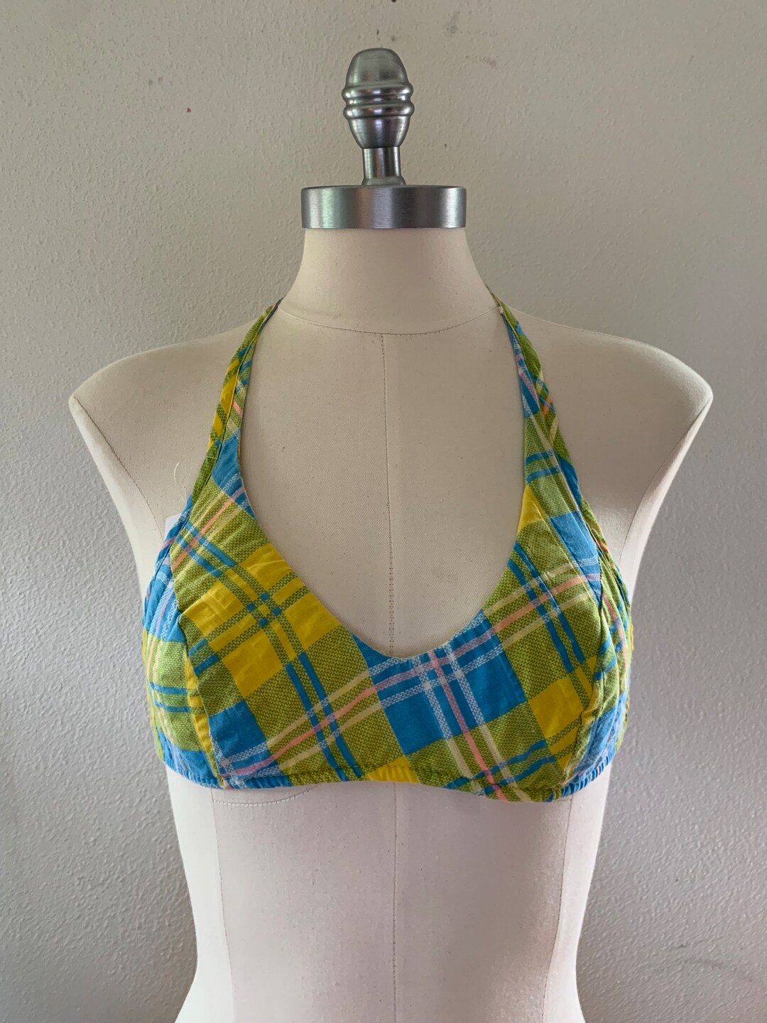 1970's Cotton Seersucker Halter Style Bikini Top, Swimsuit, Bathing Suit, Retro Bikini Top ...