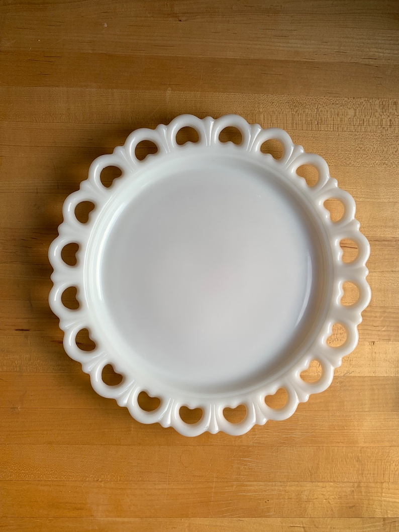 Vintage Milk Glass Serving Platter, Open Lace Heart Edge, White Milk ...