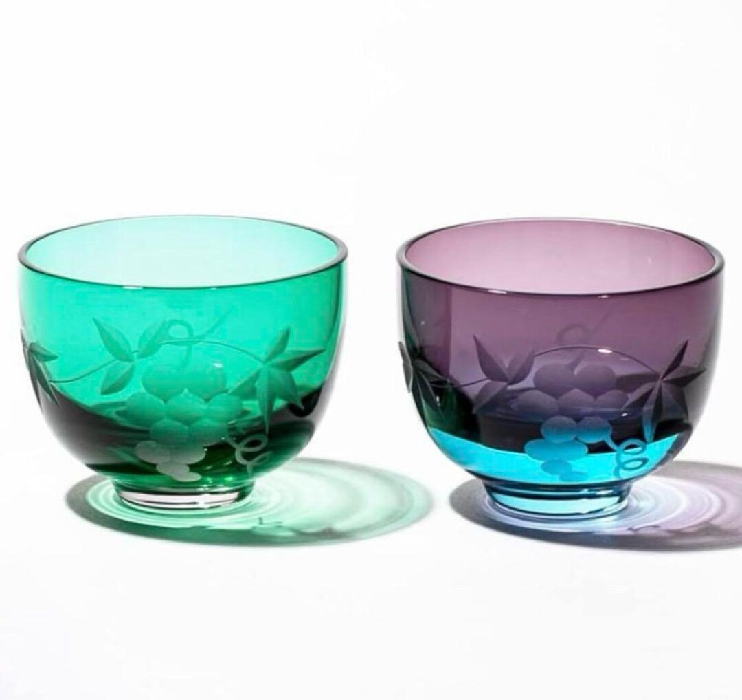 Edo Kiriko Glass Japanese Sake Cup Pair Set, Grape Pattern (green ...