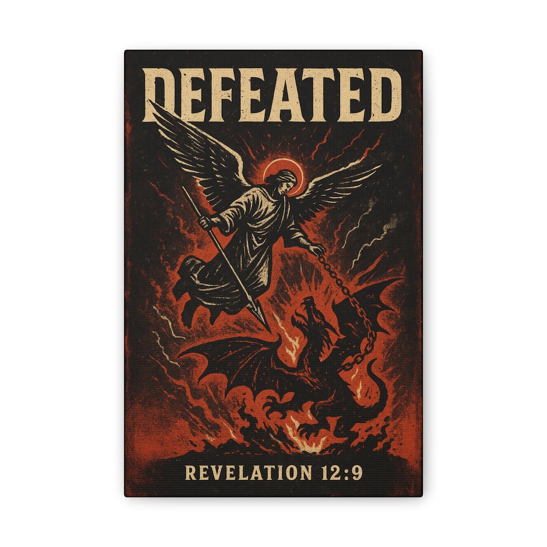 Defeated Revelation 12 9 Christian Canvas Wall Art Angel Defeating ...
