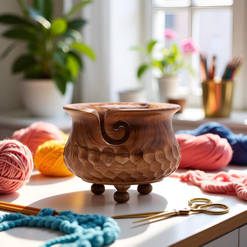 Handmade Wooden Yarn Bowl: Large Crochet Knitting Holder (7x4 Inch Pot ...