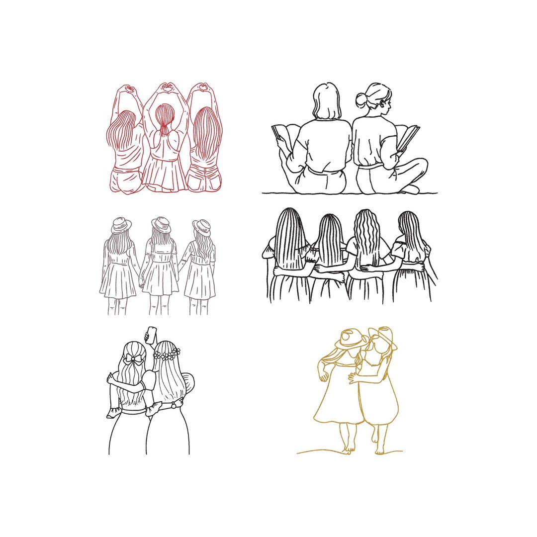 Best Friends Line Art Embroidery Design, Sister Outline Machine ...