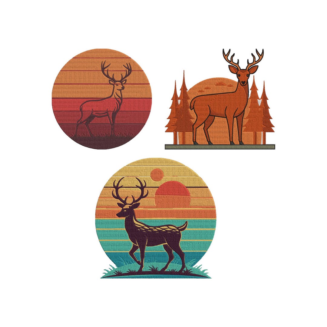 Deer Embroidery Design Set: Majestic Buck Silhouette, Sunset Forest ...