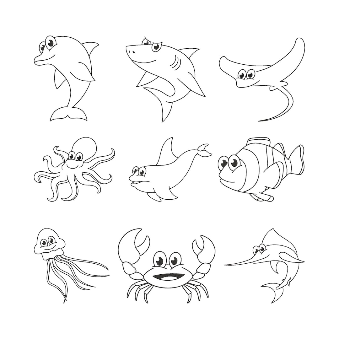 Sea Animal Line Art Ocean Design, Marine Doodle Fish Machine Embroidery ...