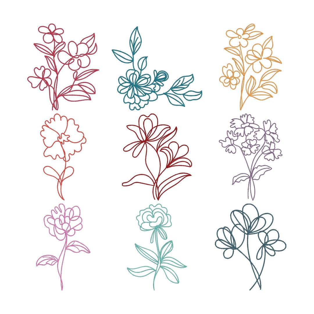 Floral Line Art Embroidery Design Bundle, Botanical Sketch Machine ...
