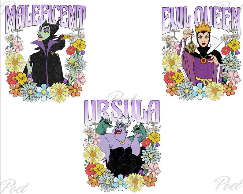 Retro Floral Disney Villains PNG, Spring Vacation Design (instant ...