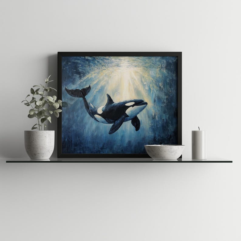 Orcas Poster Ocean Wall Art - Underwater Orca Scene With Rays of Light ...