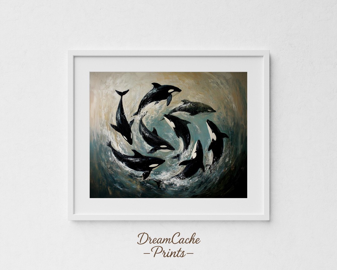Orcas Poster Coastal Art Prints - Circular Orca Hunt Scene With Energy ...