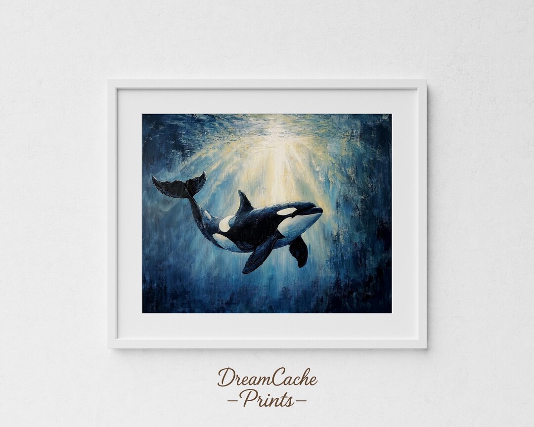 Orcas Poster Ocean Wall Art - Underwater Orca Scene With Rays of Light ...