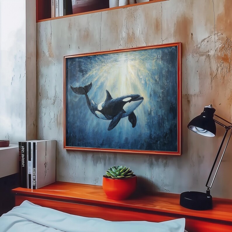 Orcas Poster Ocean Wall Art - Underwater Orca Scene With Rays of Light ...