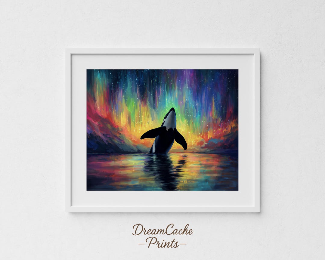 Orcas Poster Coastal Artwork - Orca Silhouetted Against Aurora Borealis ...