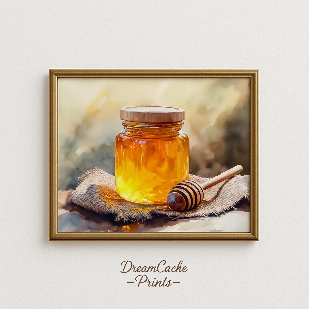 Honey Jar With Dipper Watercolor Art - Rustic Kitchen Wall Decor, Ink ...