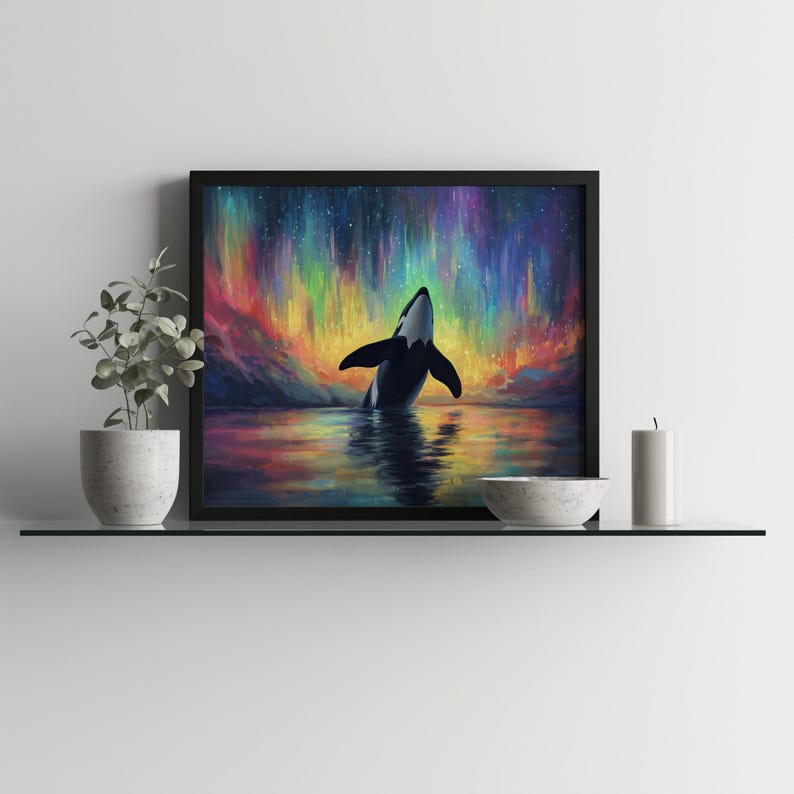 Orcas Poster Coastal Artwork - Orca Silhouetted Against Aurora Borealis ...