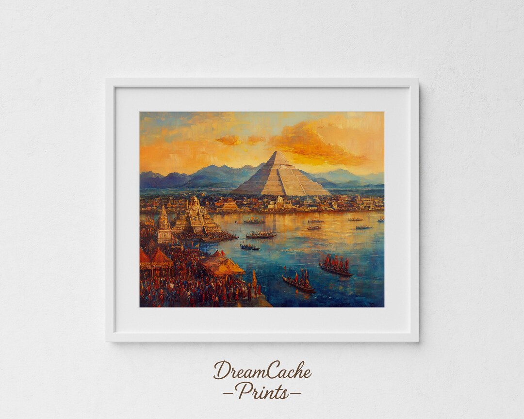 Tenochtitlan Cityscape Oil Painting - Vintage Landscape Artwork ...