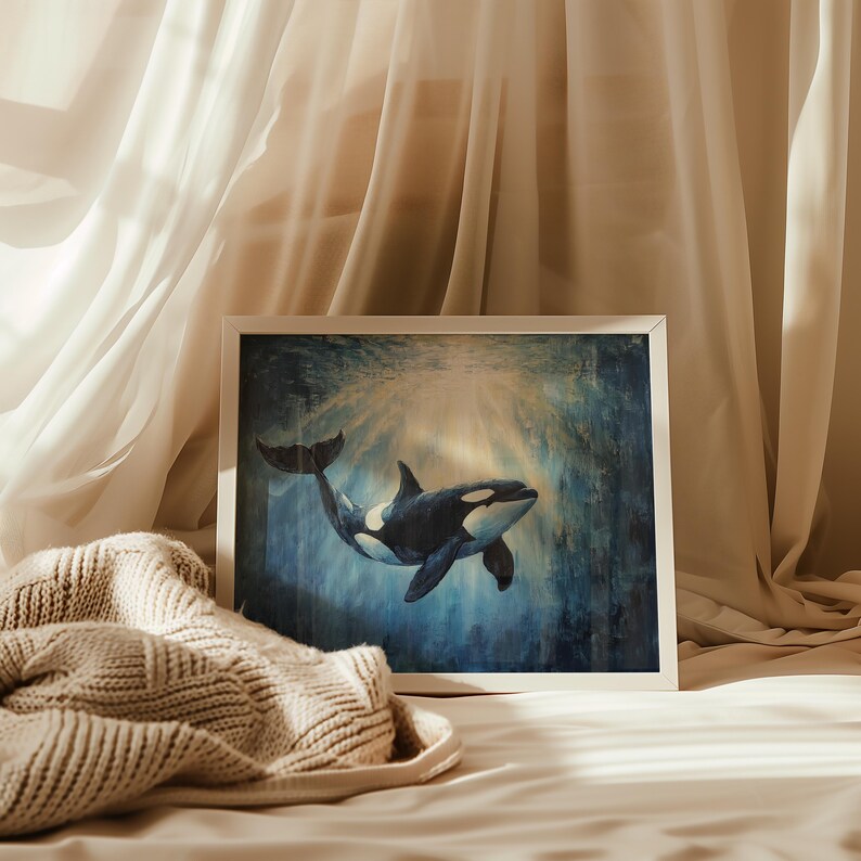 Orcas Poster Ocean Wall Art - Underwater Orca Scene With Rays of Light ...
