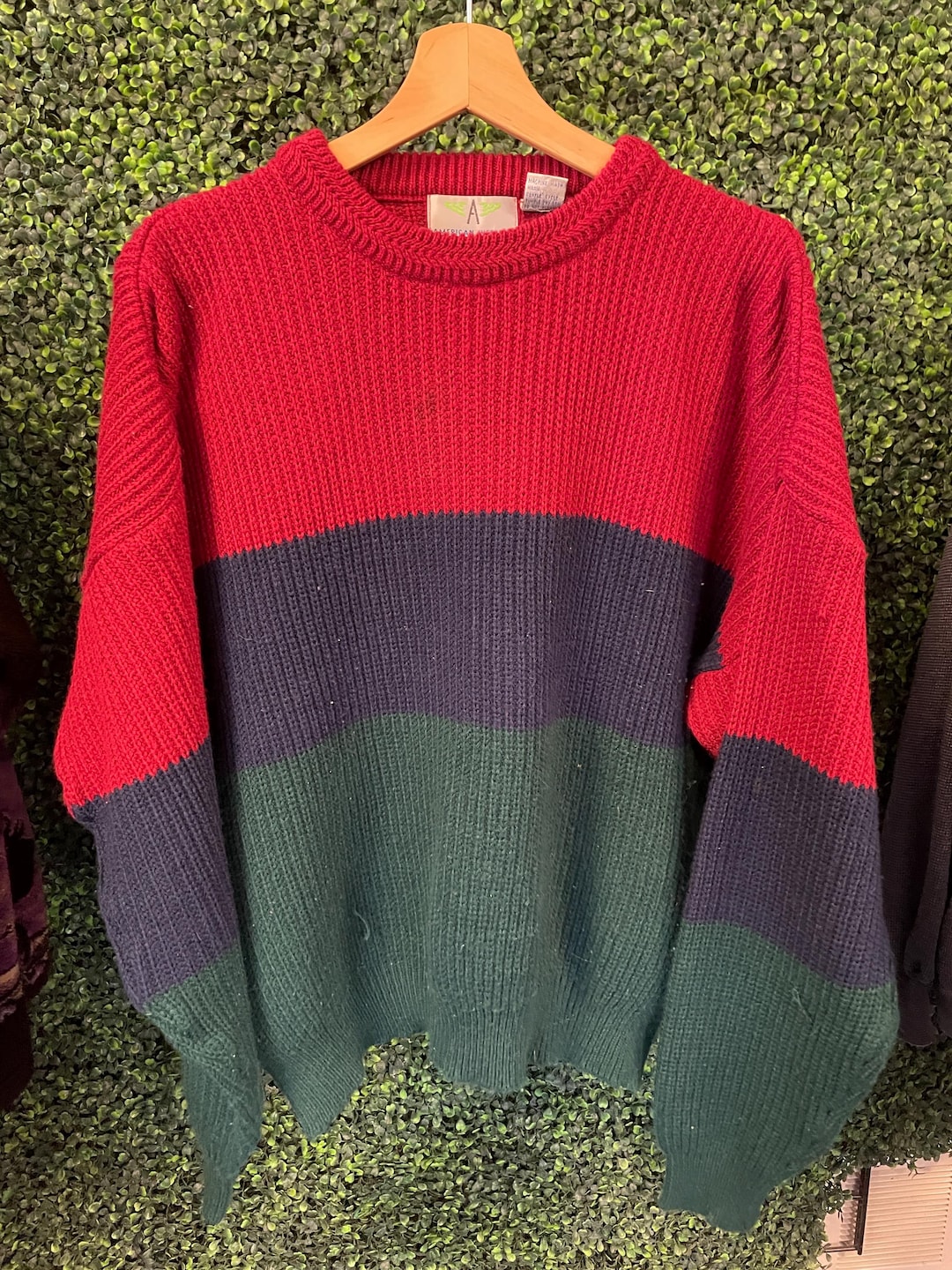 Vtg 90s COLOR BLOCK WOOL Sweater Large // Vintage Chunky Knit Blue ...