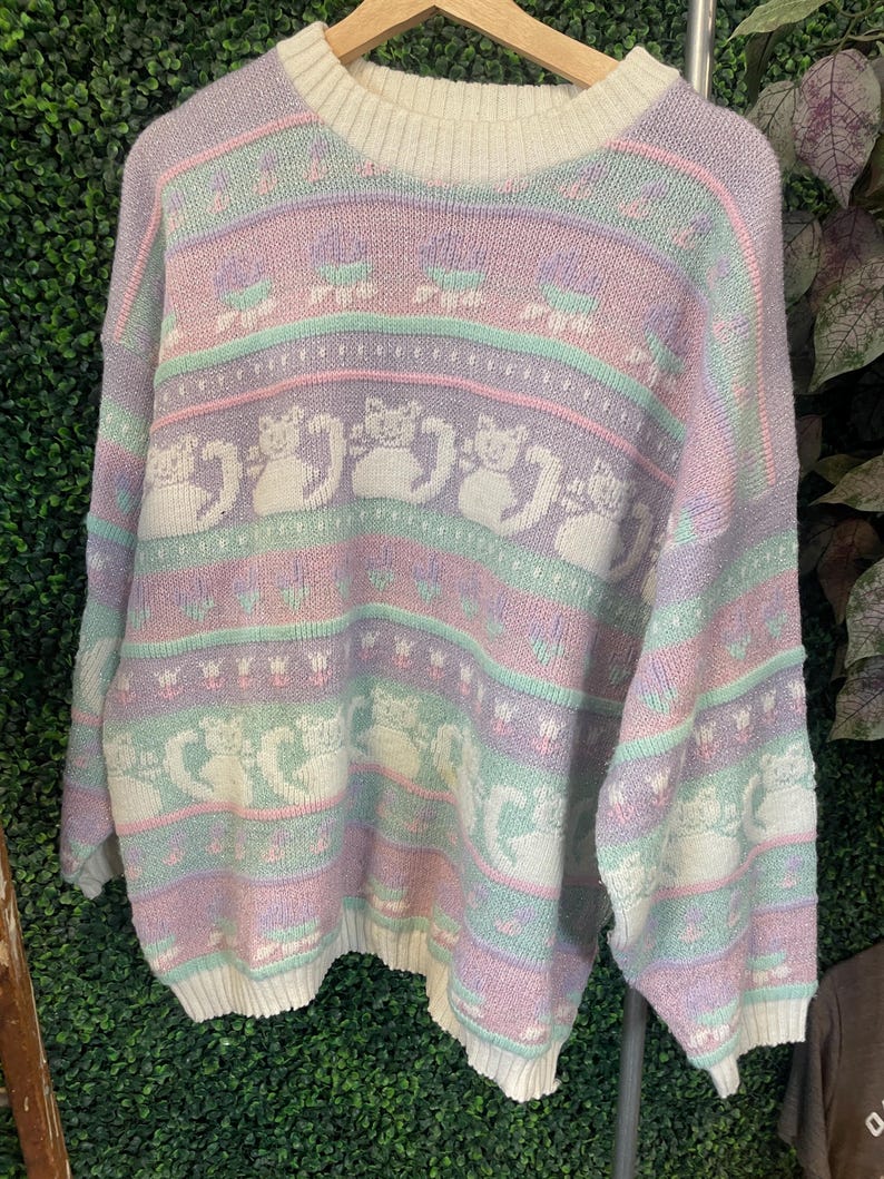 Vtg 80s CAT KNIT SWEATER // 90s Fuzzy Cozy Cute Cutey Party Sweat Fall ...