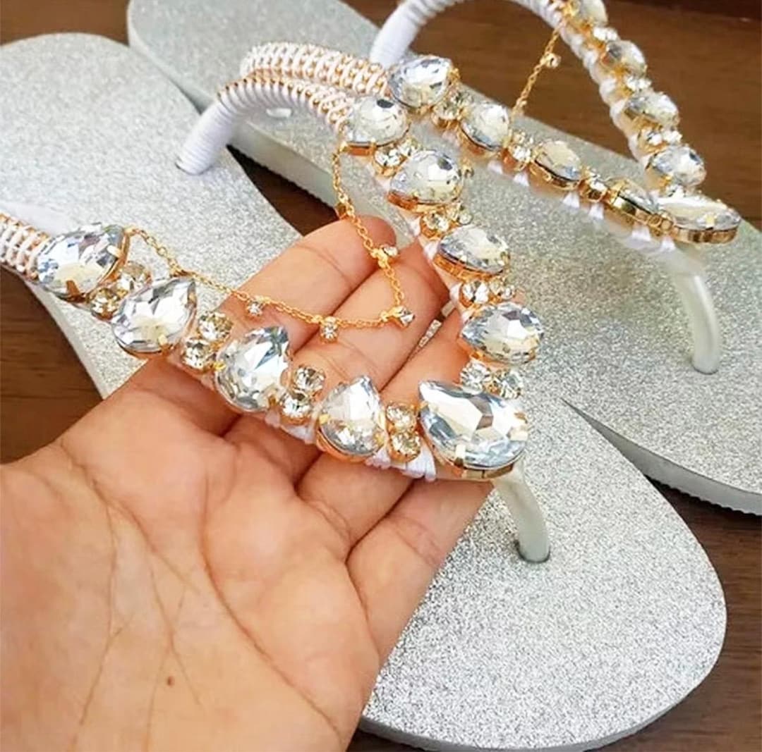 Luxury Silver Havaianas Flip Flops – White Slim Sandals With Crystals ...