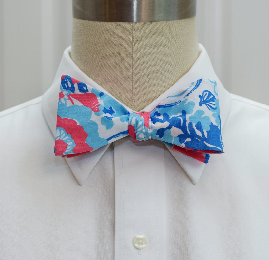 Floral Shell Bow Tie: Reddish Pink, Blue, & White - Etsy UK