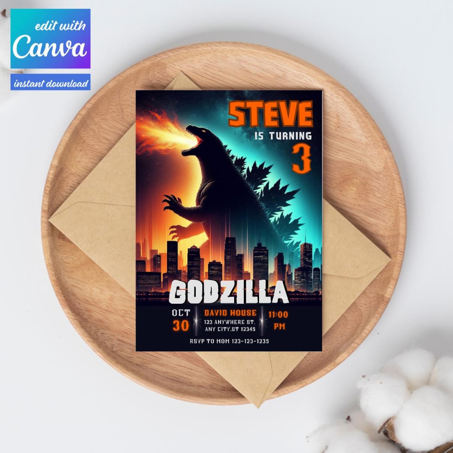 Godzilla Birthday Invitation Template | Monster Party Canva Invite ...