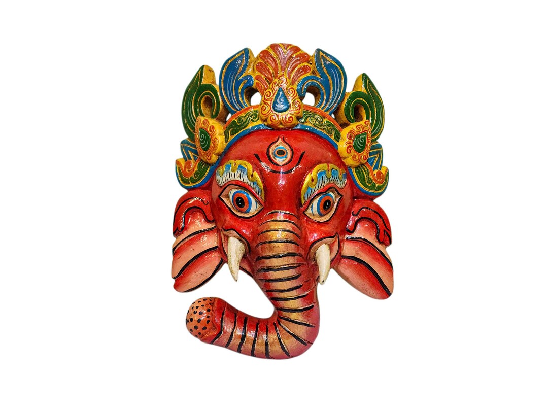 13-inch Ganesh, Handmade Wooden Mask, Wall Hanging, Red Color, Poplar ...