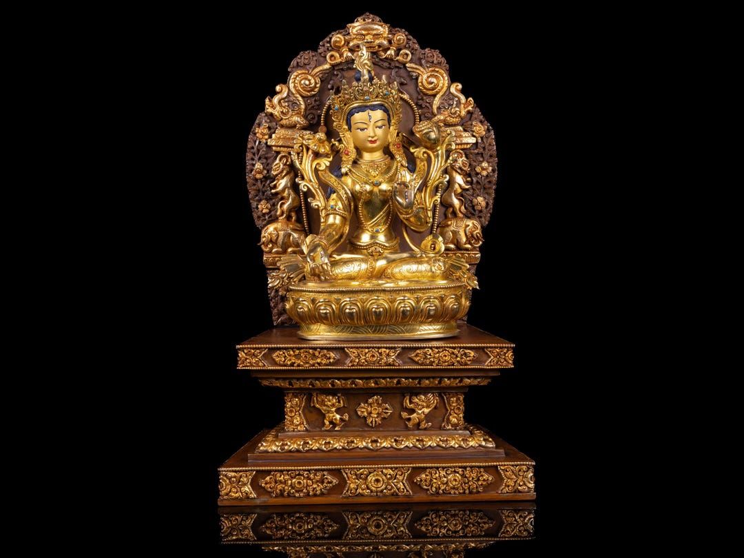 14-inch White Tara With Throne, Buddhist Handmade Statue, Full Gold ...