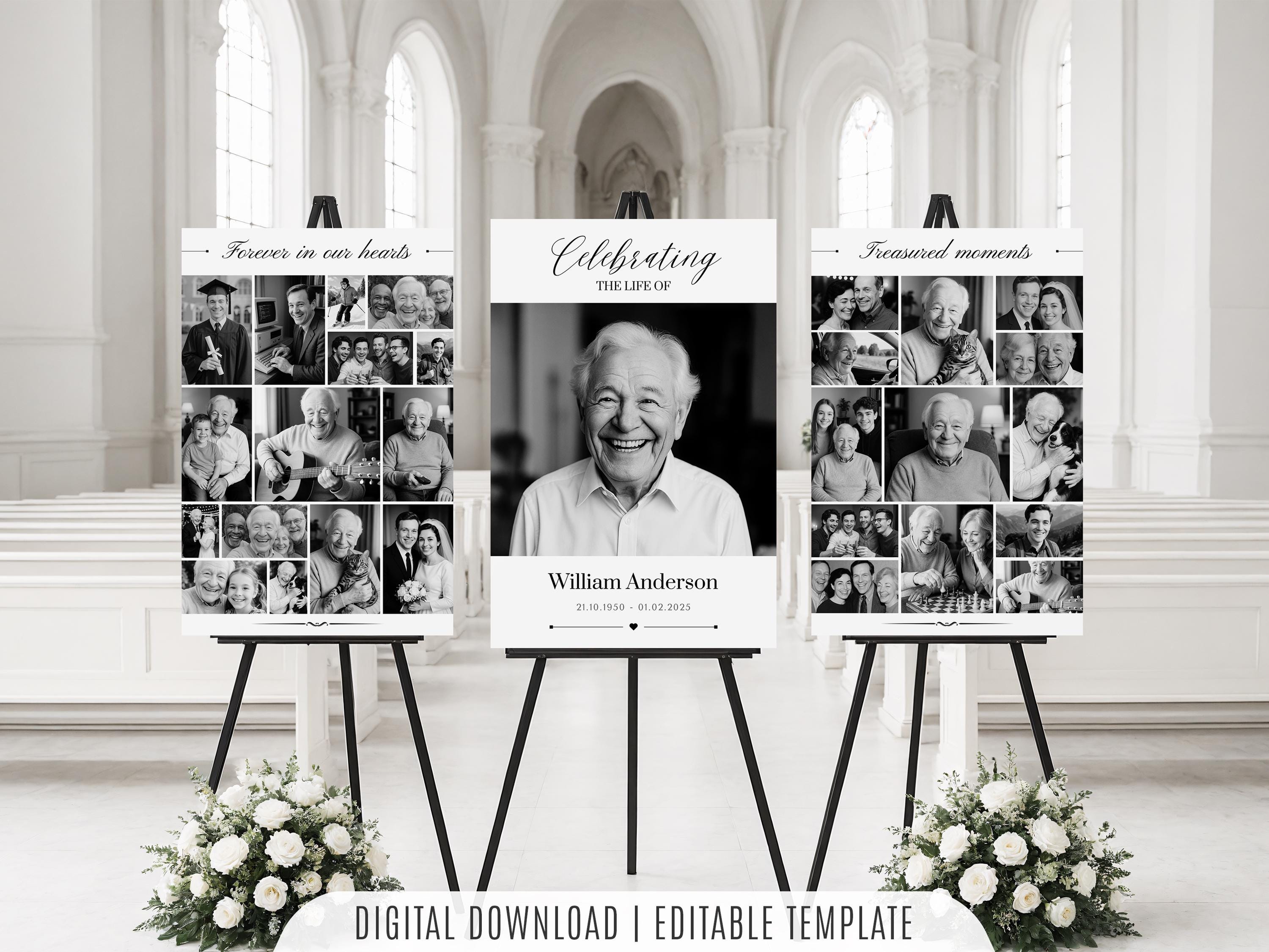 Funeral Photo Collage Template Set, Minimalistic Funeral Welcome Signs ...